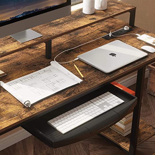 Rolanstar Computer Desk with Power Outlet and Monitor Stand Shelf, 55β Home Office PC Desk with Keyboard Tray and USB Ports Charging Station, Desktop Table,Stable Metal Frame Workstation, Rustic Brown