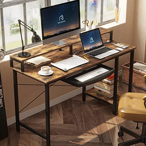 Rolanstar Computer Desk with Power Outlet and Monitor Stand Shelf, 55β Home Office PC Desk with Keyboard Tray and USB Ports Charging Station, Desktop Table,Stable Metal Frame Workstation, Rustic Brown