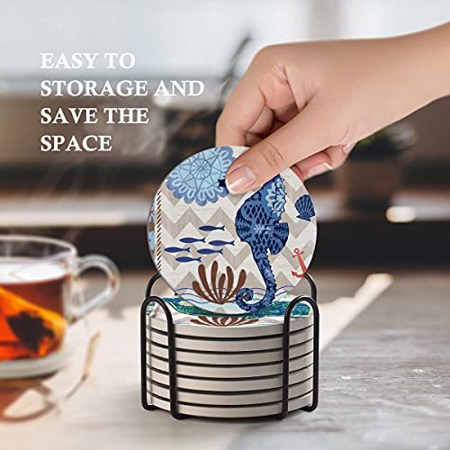 Coaster for Drinks by Teivio, Absorbing Stone Sea Ocean Life Paint- Cork Base, with Holder, Coastal Decor Beach Themed Tropical , for Housewarming Bar Decor, Set of 8