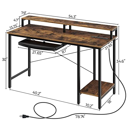 Rolanstar Computer Desk with Power Outlet and Monitor Stand Shelf, 55β Home Office PC Desk with Keyboard Tray and USB Ports Charging Station, Desktop Table,Stable Metal Frame Workstation, Rustic Brown