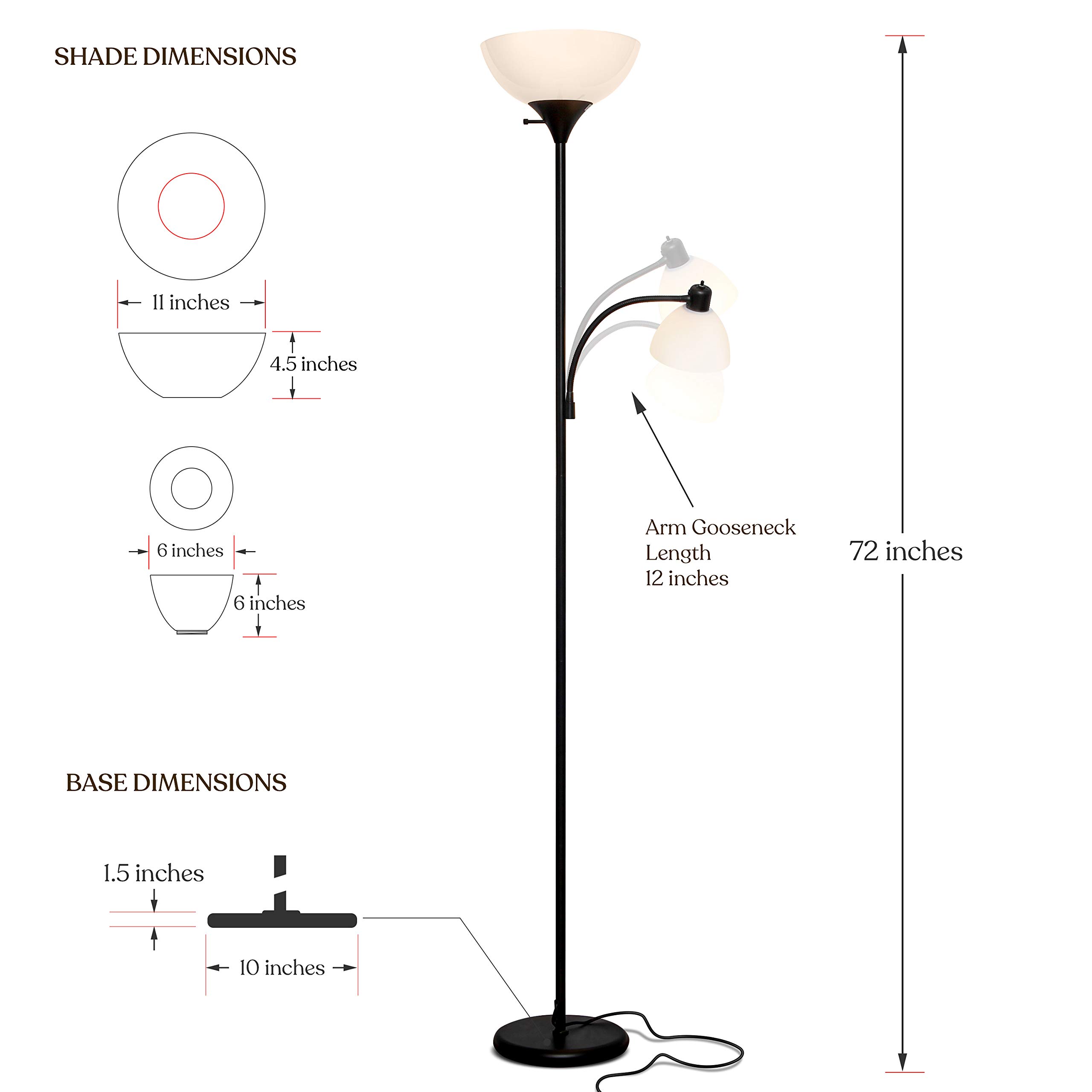 Brightech Sky Dome Plus LED Floor lamp, Torchiere Super Bright Floor Lamp with Reading Lamp for Living Rooms & Offices - Dimmable Tall Standing Lamp for Bedroom Reading - Black