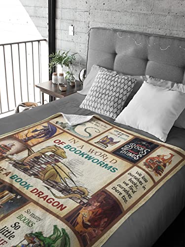 Be A Book Dragon Sherpa Blanket - in A World of Bookworms Dragon Blanket - Soft Warm Reading Sherpa Throw Blanket for Sofa Bedroom Couch - Birthday Christmas Book Bedding Gifts - Book Lovers Blanket