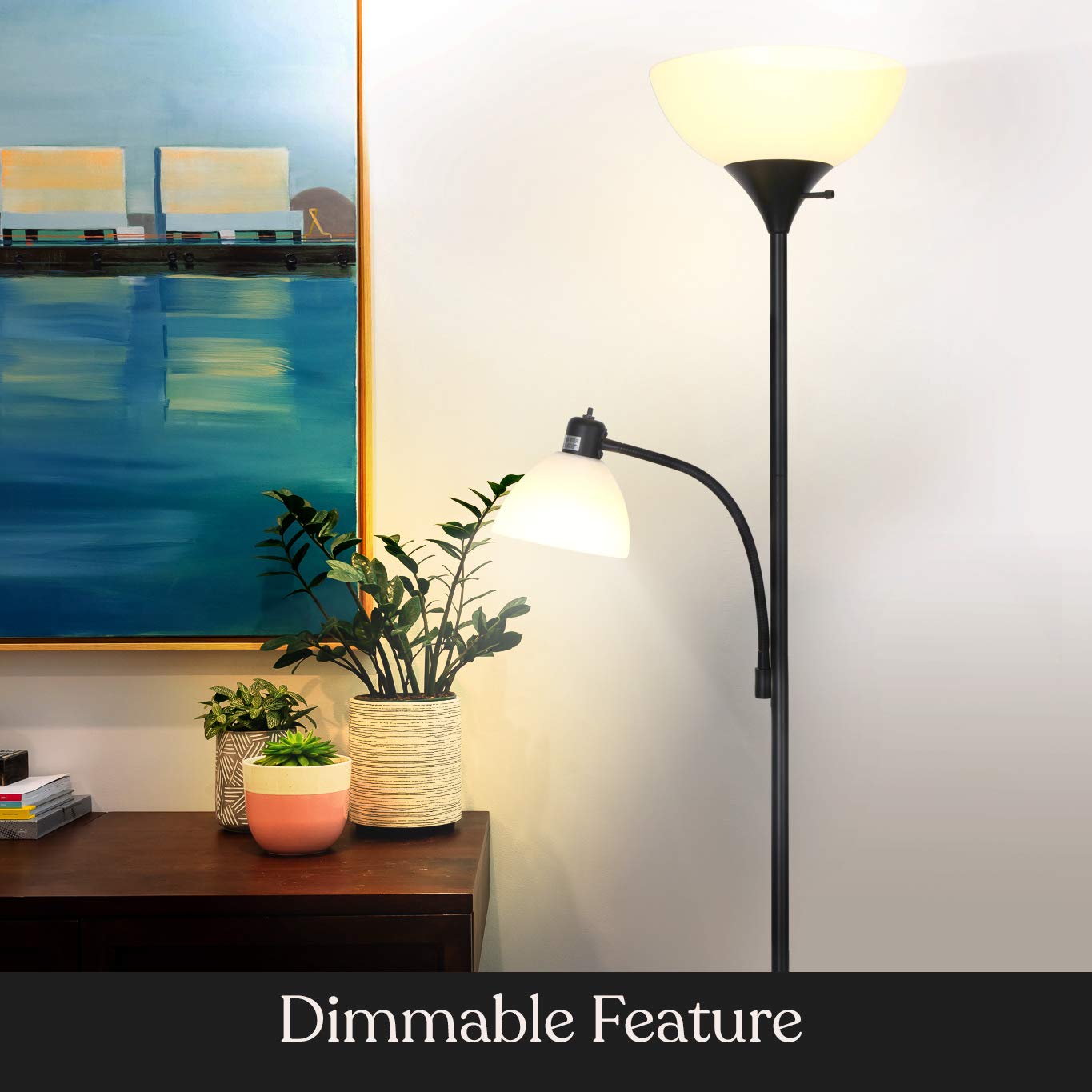 Brightech Sky Dome Plus LED Floor lamp, Torchiere Super Bright Floor Lamp with Reading Lamp for Living Rooms & Offices - Dimmable Tall Standing Lamp for Bedroom Reading - Black