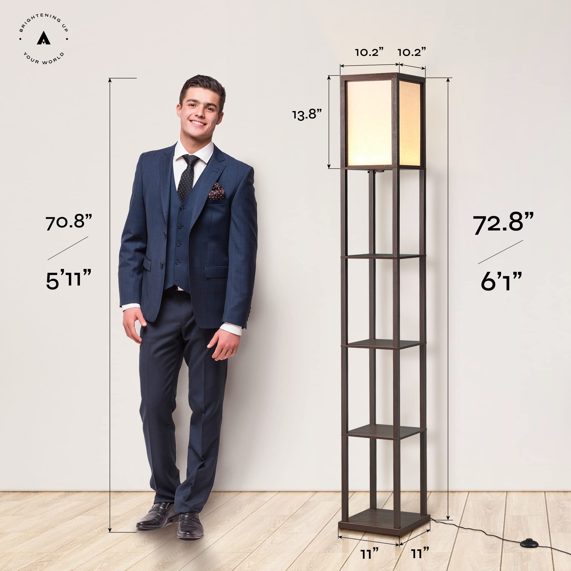 ATAMIN Alvin - 72" Dimmable LED Floor Lamp with Shelves, 3-Way Switching LED Shelf Floor Lamp, Modern LED Standing Lamp for Living Room and Bedroom, Brown