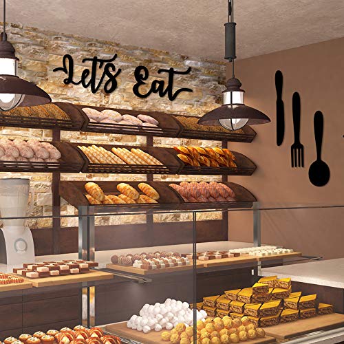 Yerliker 5 Pieces Let's Eat Sign, Wooden Fork Spoon Knife Sign Wall Decor, Rustic Cutout Eat Kitchen Decor for Home Dining Living Room Bar Cafe Restaurant (Black)