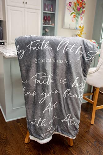 Double Creek Multi Scripture Throw Blanket Ultra Soft Sherpa Microfleece Inspirational Verses Jeremiah 29:11, Corinthians 5:7, Matthew 28:20, Comfort Blanket 50"x 60" Get Well Gift Men Women (Gray)