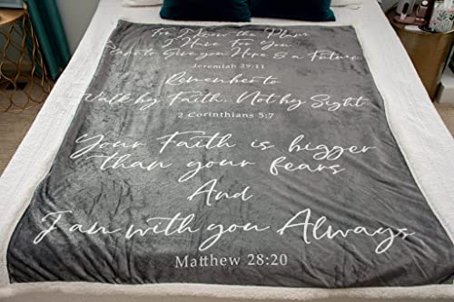 Double Creek Multi Scripture Throw Blanket Ultra Soft Sherpa Microfleece Inspirational Verses Jeremiah 29:11, Corinthians 5:7, Matthew 28:20, Comfort Blanket 50"x 60" Get Well Gift Men Women (Gray)
