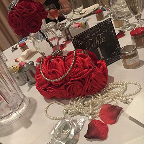 RARITYUS Women Evening Bag Silk-Like Satin Rose Shaped Clutch Handbag with Elegant Metal Handle for Party Wedding Purse