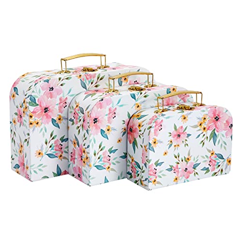 Okuna Outpost Set of 3 Different Sizes of Paperboard Suitcases with Metal Handles, Floral Print Decorative Cardboard Storage Boxes (Floral Print)