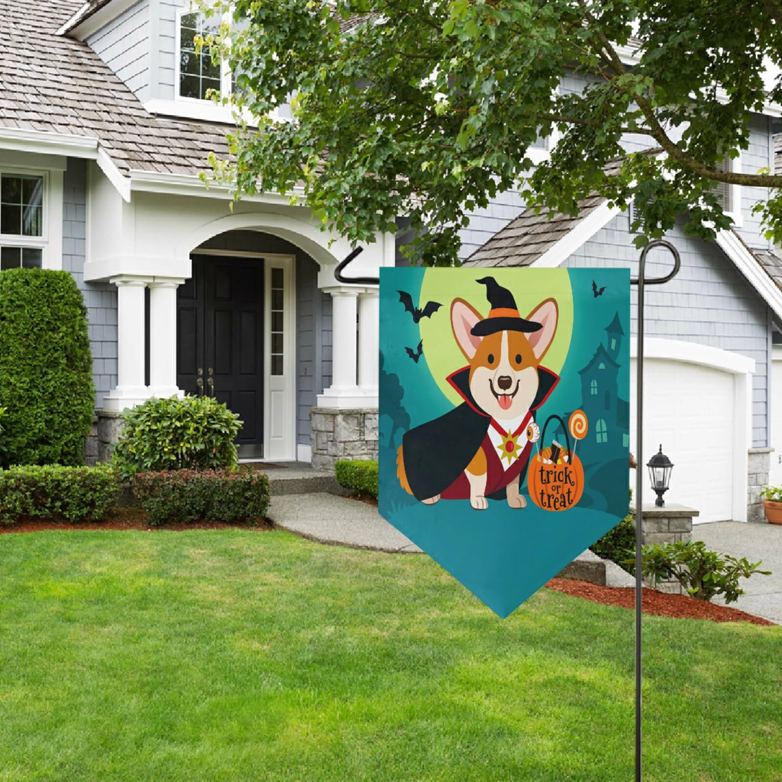 Oarencol Halloween Corgi Dog Witch with Cauldron Candy Garden Flag Trick or Treat Moon Bat Double Sided Home Yard Decor Banner Outdoor 12.5 x 18 Inch