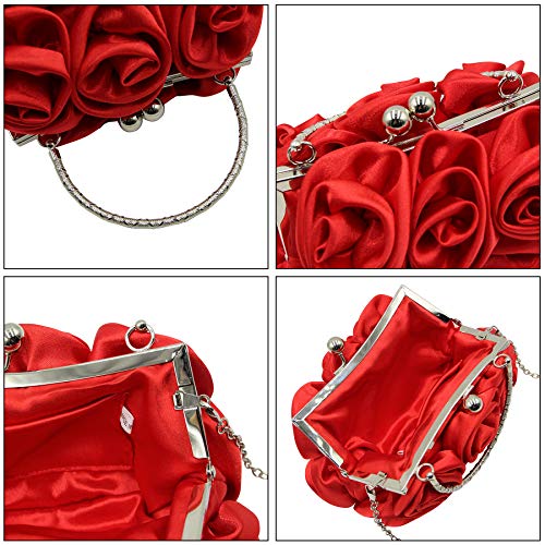 RARITYUS Women Evening Bag Silk-Like Satin Rose Shaped Clutch Handbag with Elegant Metal Handle for Party Wedding Purse