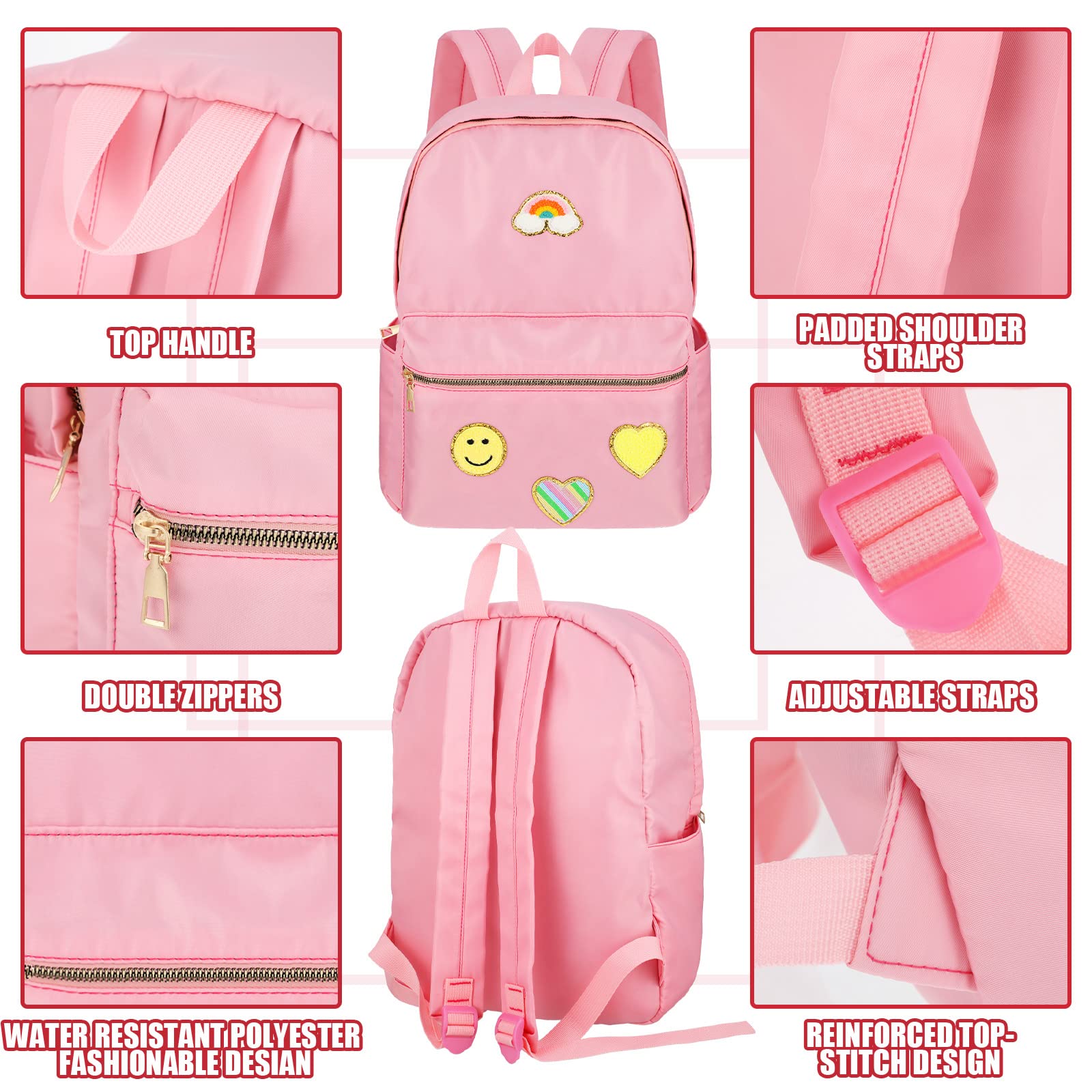 Pink Lightweight Backpack Preppy Patches Nylon Backpack Rainbow Heart Smile Waterproof Travel Bag Pack for Girls and Students Back to School