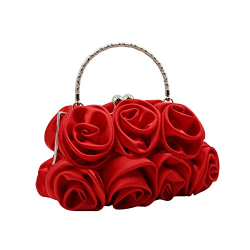 RARITYUS Women Evening Bag Silk-Like Satin Rose Shaped Clutch Handbag with Elegant Metal Handle for Party Wedding Purse