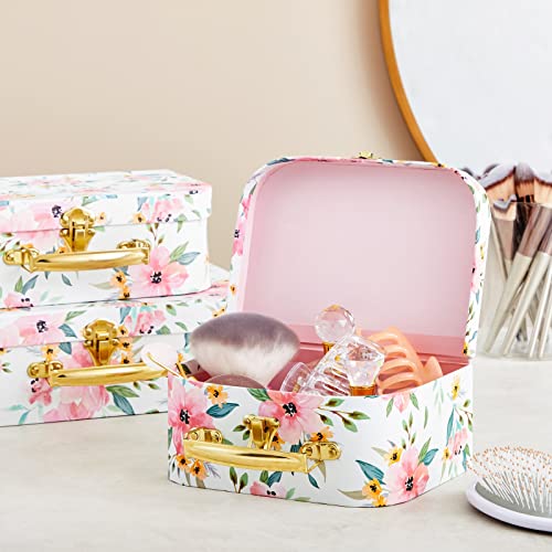 Okuna Outpost Set of 3 Different Sizes of Paperboard Suitcases with Metal Handles, Floral Print Decorative Cardboard Storage Boxes (Floral Print)