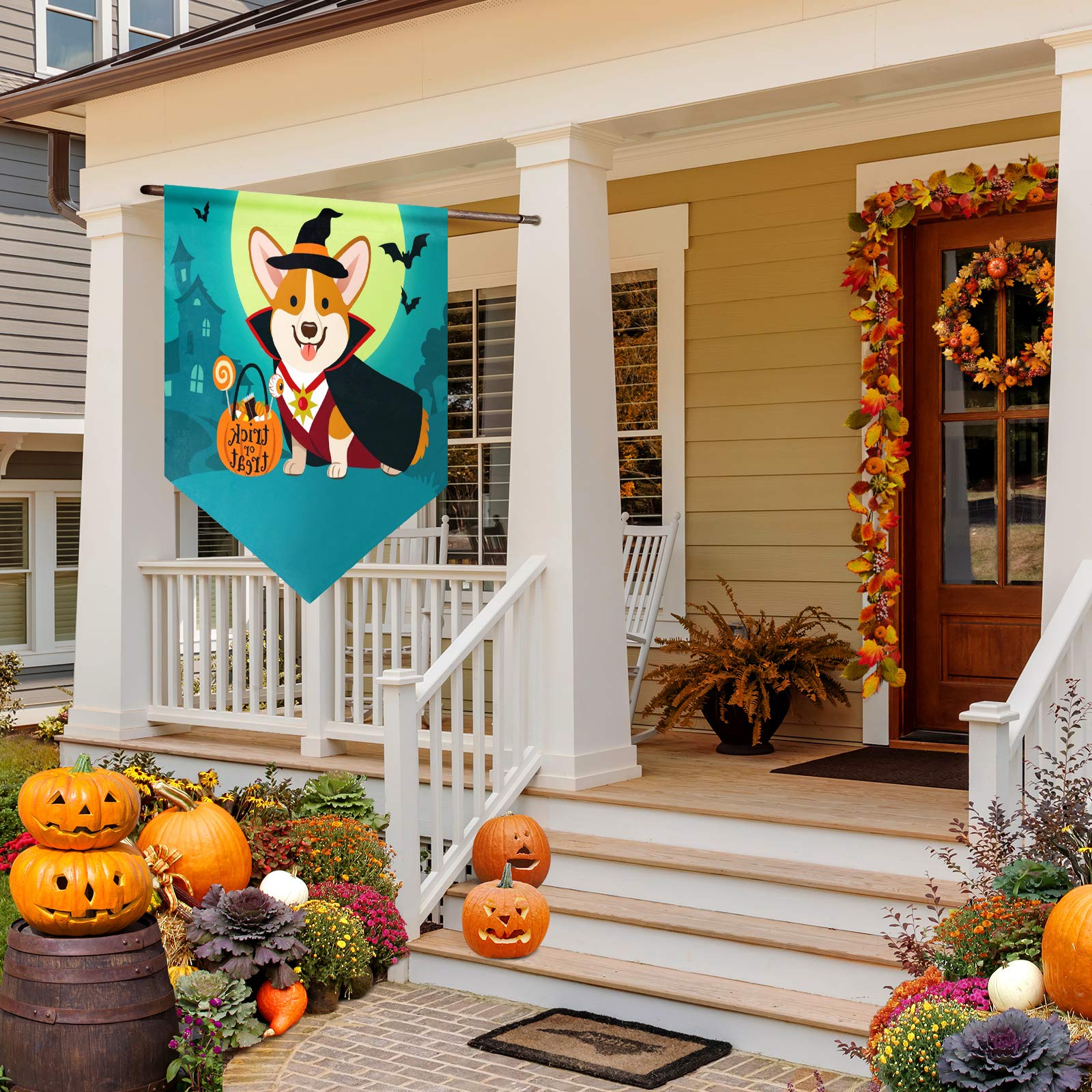 Oarencol Halloween Corgi Dog Witch with Cauldron Candy Garden Flag Trick or Treat Moon Bat Double Sided Home Yard Decor Banner Outdoor 12.5 x 18 Inch