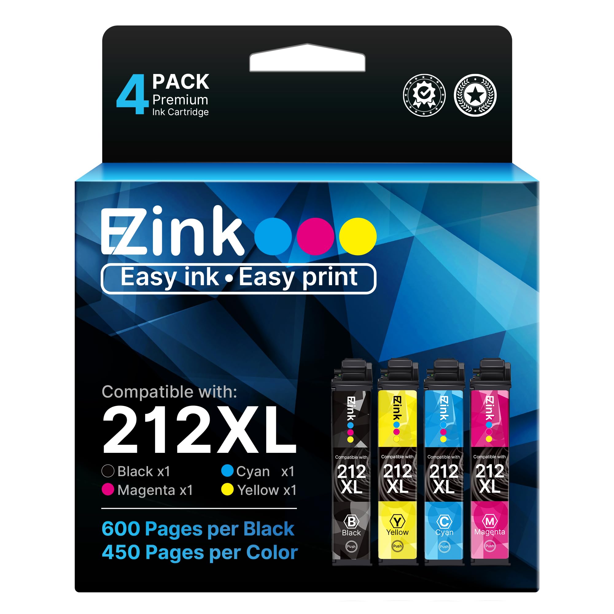E-Z Ink (TM Remanufactured Ink Cartridge Replacement for Epson 212XL T212XL 212 XL T212 to use with XP-4100 XP-4105 WF-2830 WF-2850 Printer (1 Black, 1 Cyan, 1 Magenta, 1 Yellow, 4 Pack)