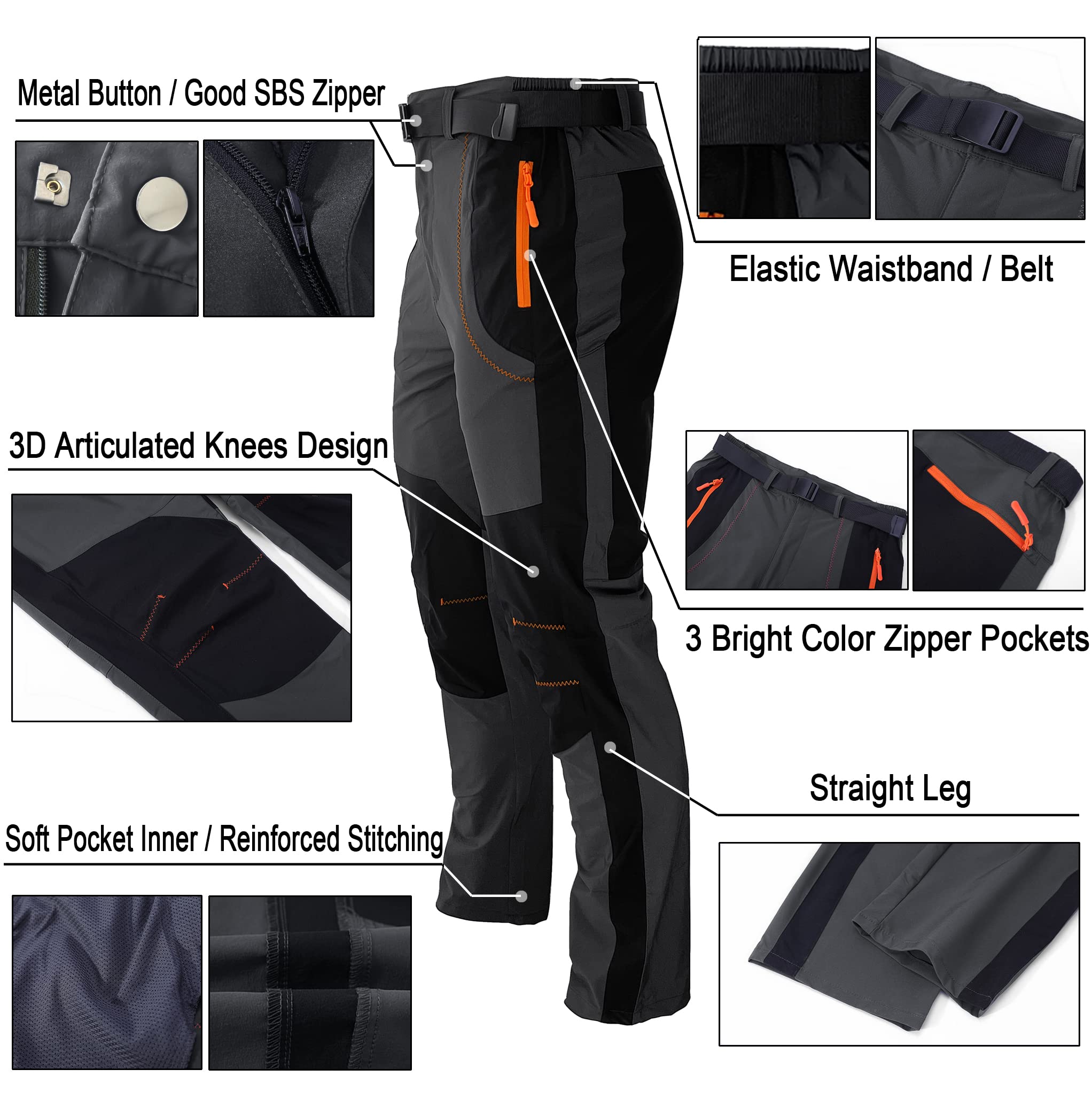 Kuseeker Mens Stretch Work Hiking Pants Quick Dry Lightweight Waterproof Outdoor Travel Climbing Fishing Pants Gray 36