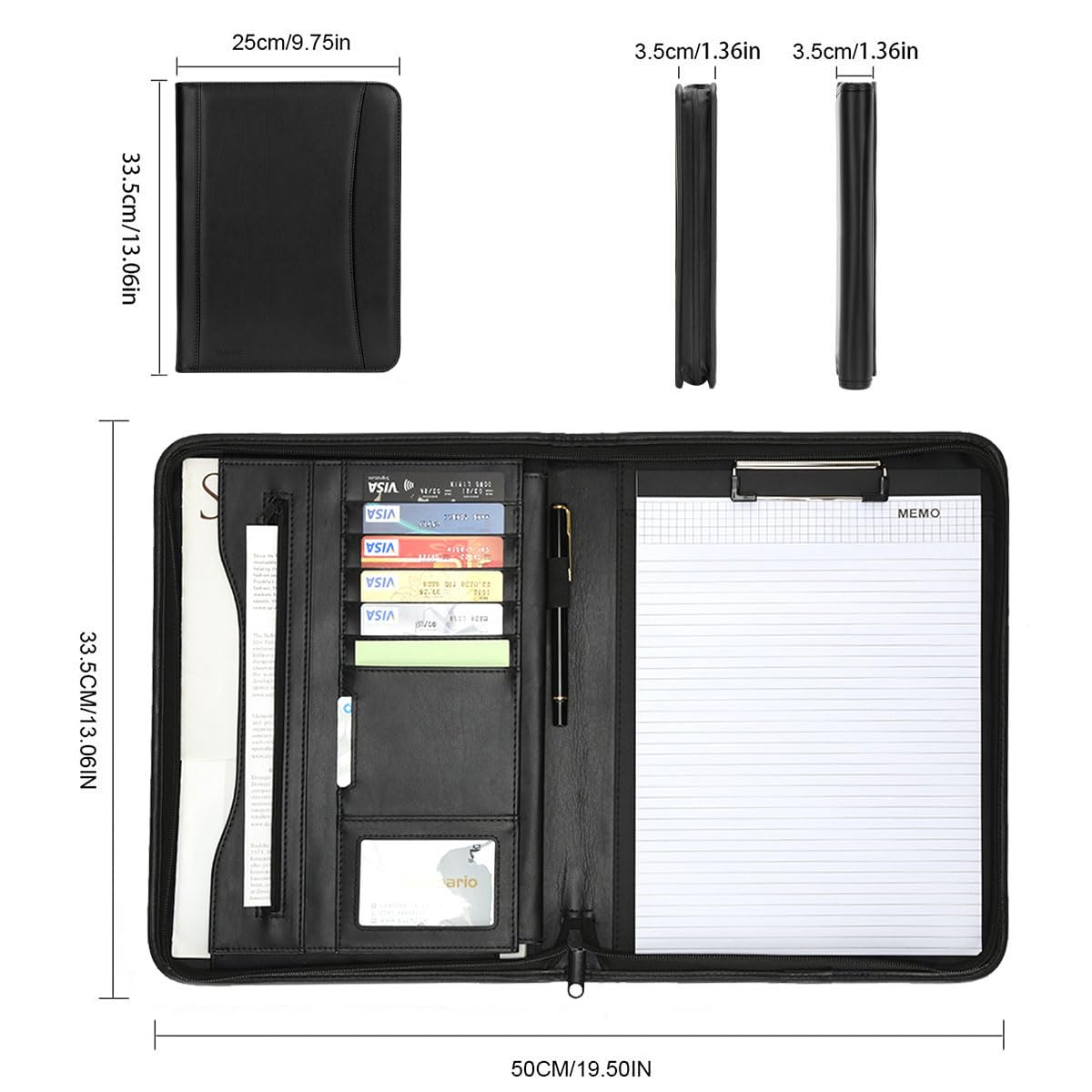 Leathario Portfolio Binder, A4 Padfolio Office Organizer, Business Folder Accessories with Zipper, Superior Vegan Leather, 9.7 Inch Tablet Sleeve, Writing Pad Document for Men Women, Card Storage