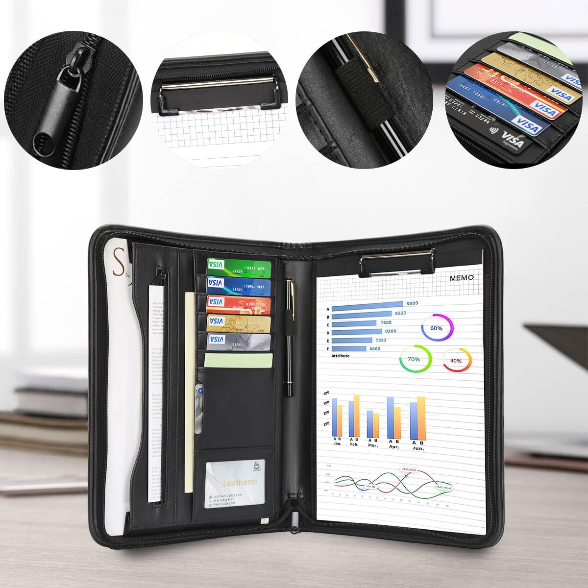 Leathario Portfolio Binder, A4 Padfolio Office Organizer, Business Folder Accessories with Zipper, Superior Vegan Leather, 9.7 Inch Tablet Sleeve, Writing Pad Document for Men Women, Card Storage