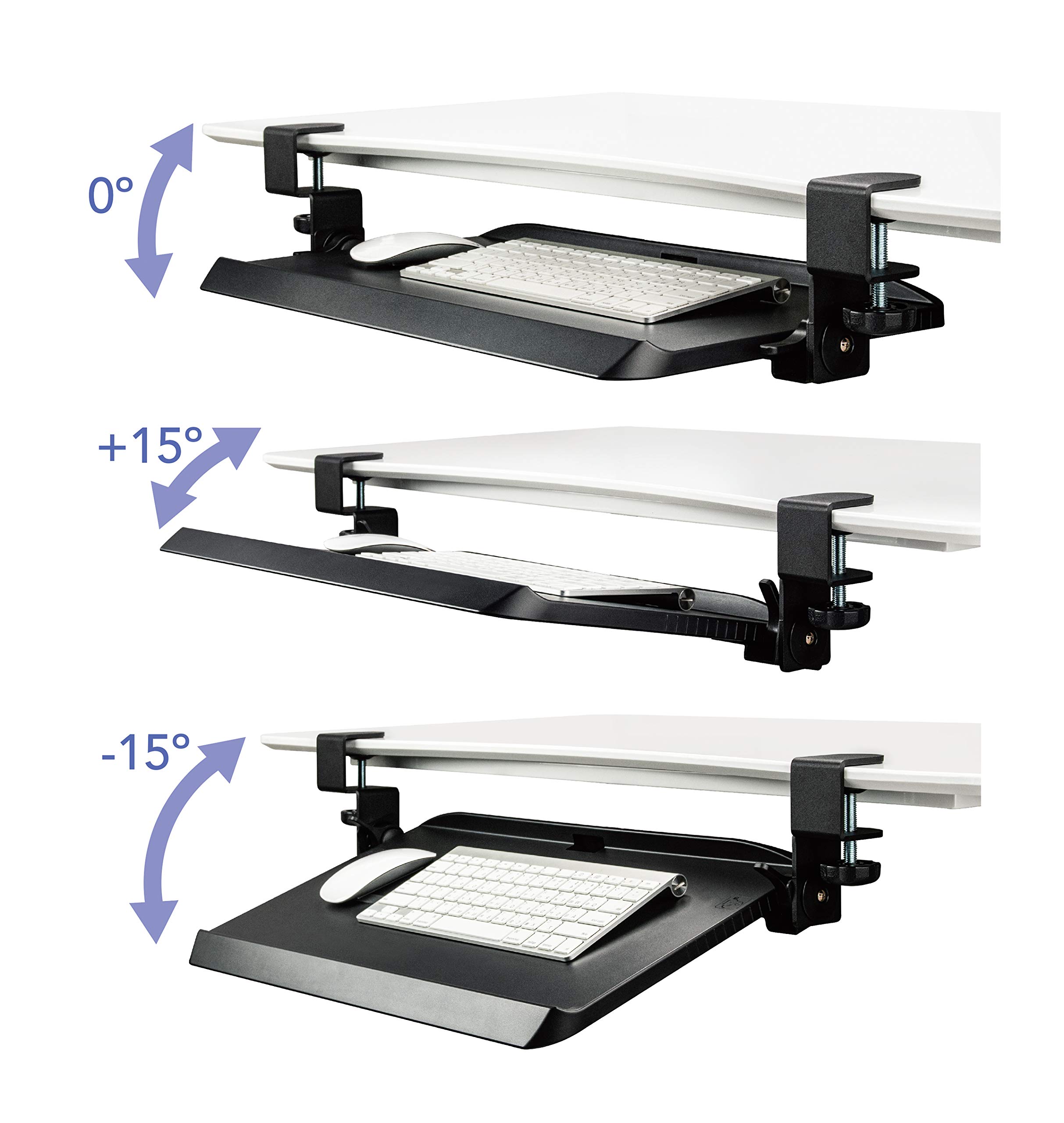 Kantek Clamp On Under Desk Ergonomic Computer Keyboard Tray Holder, Adjustable Tray Slides Out With Tilt Control, Easy Mounting, 20" X 11.5", Black