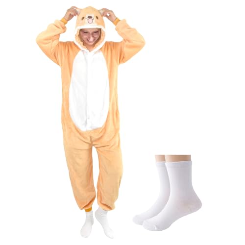 U-ParBoo Corgi Onesie Adult, Corgi Costumes Unisex Adult Onesie Pajamas Animal One Piece Halloween Costume Flannel Sleepwear Corgi L