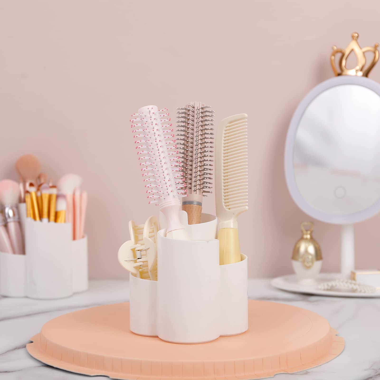 Yesesion Plastic Makeup Brush Holder for Desk, Round Cosmetics Brushes Organizer with 4 Compartment, Storage Cup for Lipsticks, Hair Accessories, Beauty Tool in Vanity, Bathroom, Dresser ( White )