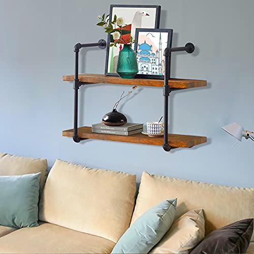 2 Tier Industrial Shelves Brackets, Wall Mount Iron Pipe Shelves, Pipe Floating Shelves for DIY Open Bookshelf Office Kitchen Home Bar (Plank Not Included) (2-Tier)