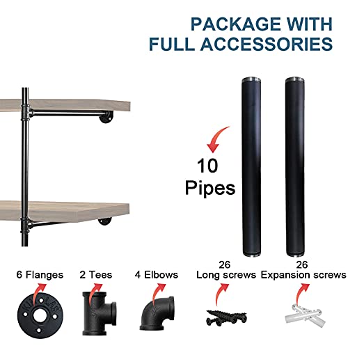 2 Tier Industrial Shelves Brackets, Wall Mount Iron Pipe Shelves, Pipe Floating Shelves for DIY Open Bookshelf Office Kitchen Home Bar (Plank Not Included) (2-Tier)
