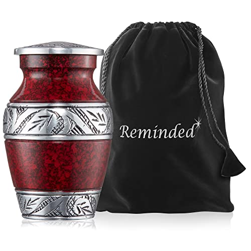 Reminded Small Cremation Keepsake Urns for Human Ashes, Set of 4 Red and Silver Miniature Urns with Velvet Case and Bags