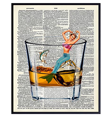Bar Man Cave Mermaid Decor - Scotch Whiskey Wall Art - Fish Wall Decor for Men, Guys - Funny Alcohol Drinking Decor - 8x10 Dictionary Art Picture Poster - Home Office Decor