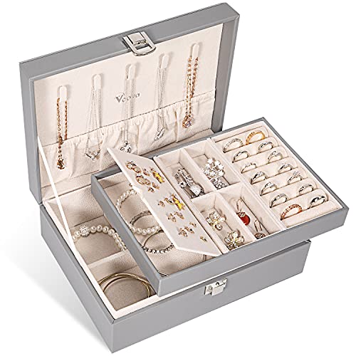 Voova Jewelry Box Organizer for Women Girls, 2 Layer Large Men Jewelry Storage Case, PU Leather Display Jewellery Holder with Removable Tray for Necklace Earrings Rings Bracelets, Vintage Gift,Grey