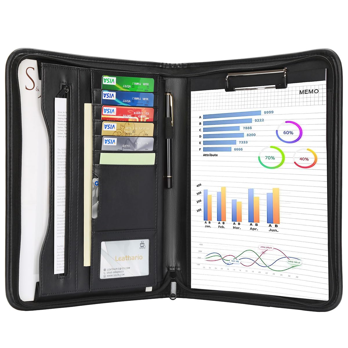 Leathario Portfolio Binder, A4 Padfolio Office Organizer, Business Folder Accessories with Zipper, Superior Vegan Leather, 9.7 Inch Tablet Sleeve, Writing Pad Document for Men Women, Card Storage