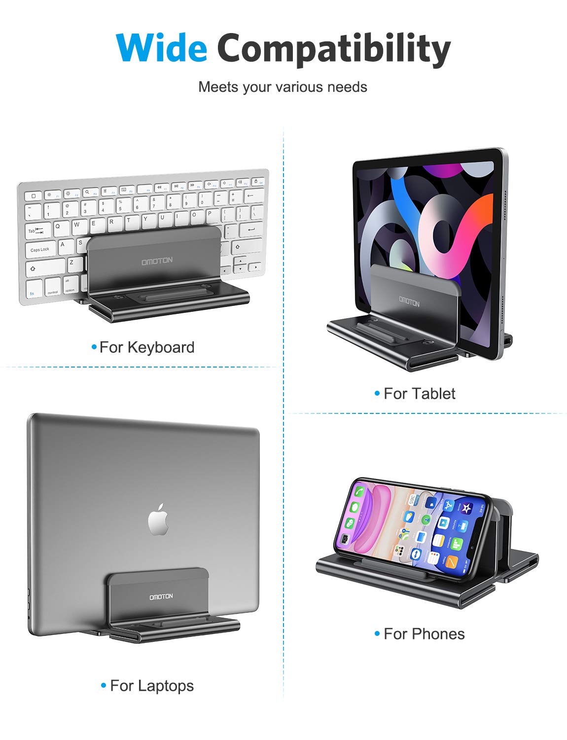 OMOTON Upgraded Laptop Vertical Stand, 3-in-1 Laptop Holder Dock with Sturdy Silicone Pads for Ultra Protection, Suitable for iPhone/iPad/MackBook Pro/Surface/Samsung/Android Tablets, Black