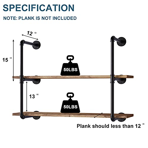 2 Tier Industrial Shelves Brackets, Wall Mount Iron Pipe Shelves, Pipe Floating Shelves for DIY Open Bookshelf Office Kitchen Home Bar (Plank Not Included) (2-Tier)