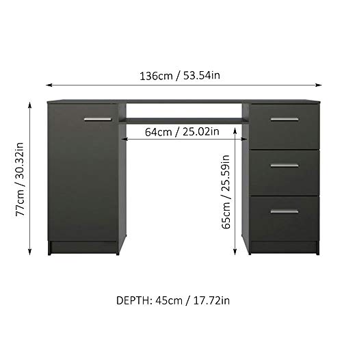 Madesa Home Office Computer Writing Desk with 3 Drawers, 1 Door and 1 Storage Shelf, Plenty of Space, Wood, 30β H x 18β D x 53β W - Black