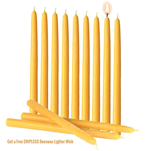 Beeswax Taper Candles 100% Natural Pure Refined Unscented and Decorative - with Chemical Free Cotton 12 Pack BOUNS Get a Free DRIPLESS Beeswax Lighter Wick Made in USA Since 1956 4 Hours