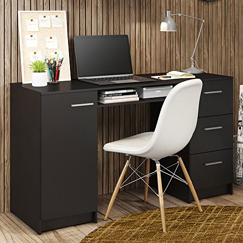 Madesa Home Office Computer Writing Desk with 3 Drawers, 1 Door and 1 Storage Shelf, Plenty of Space, Wood, 30β H x 18β D x 53β W - Black