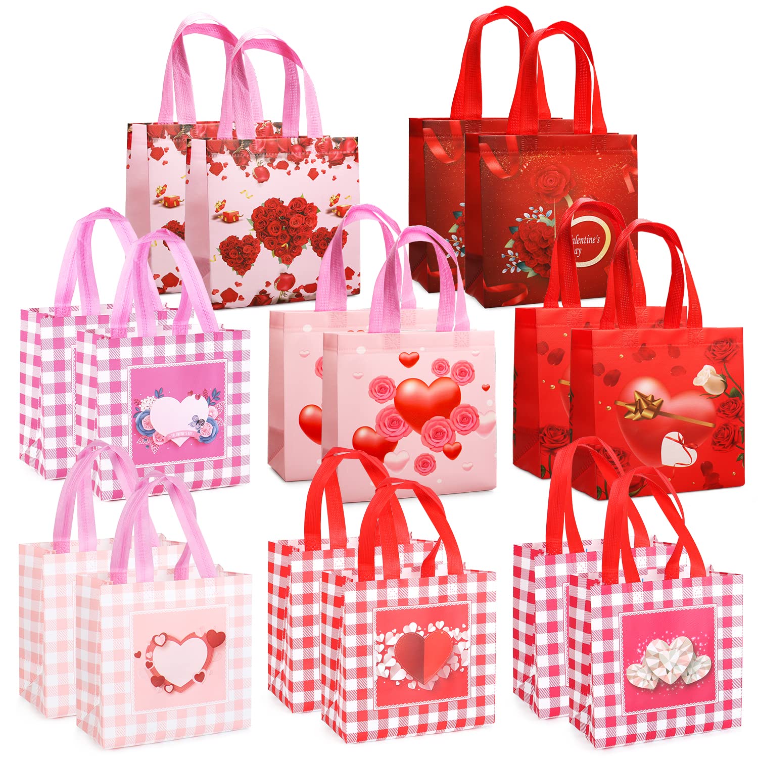 16PCS Happy Valentines Day Reusable Gift Bags, Treat Bags with Handles, Valentines Day Party Bags, Multifunctional Non-Woven Valentines Bags for Gifts Wrapping, Valentines Party Supplies, 8.7×9.2×4.3inch