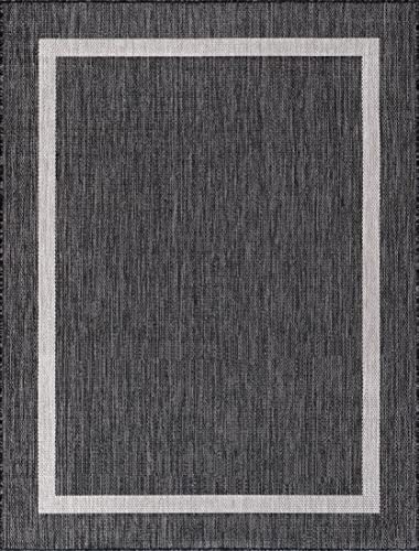 Beverly Rug Waikiki Indoor Outdoor Rug 5x7, Washable Outside Carpet for Patio, Deck, Porch, Bordered Modern Area Rug, Water Resistant, Dark Grey - Light Grey