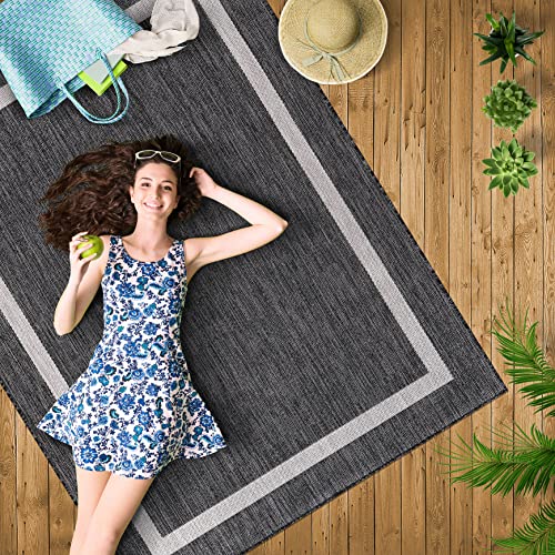 Beverly Rug Waikiki Indoor Outdoor Rug 5x7, Washable Outside Carpet for Patio, Deck, Porch, Bordered Modern Area Rug, Water Resistant, Dark Grey - Light Grey