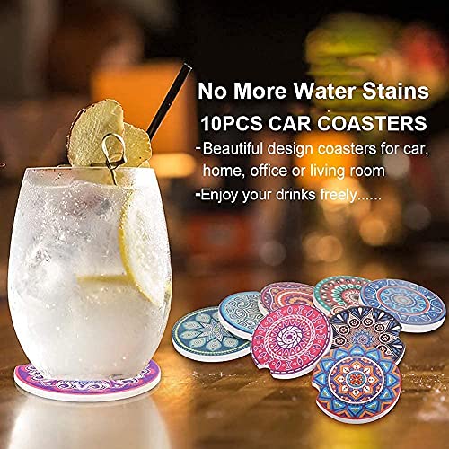 Car Coasters for Drinks Absorbent, 10 Pack 2.56in Car Coasters Absorbent Ceramic with A Finger Notch for Easy Removal, Car Cup Holder Coaster for Car, Cute Car Accessories for Women,Men