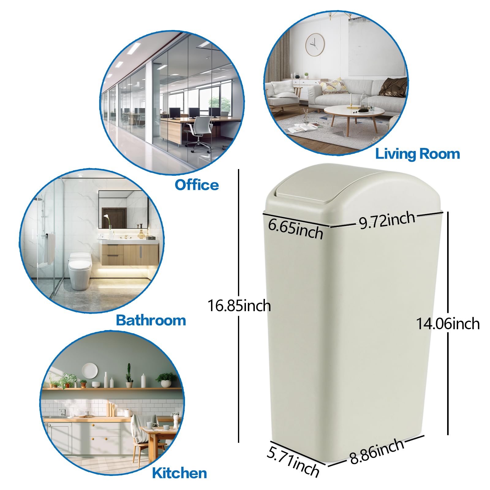 Saedy Small Swing Lid Trash Can, 14 L Slim Garbage Bin