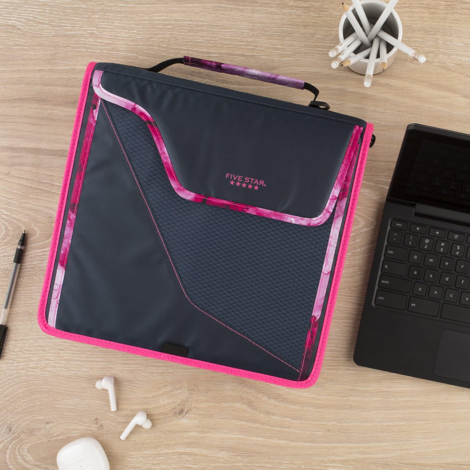 Five Star Zipper Binder, 3 Inch 3-Ring Binder for School, 5-Tab Expanding File, 850 Sheet Capacity, Removable Padded Case, Navy/Pink (292960D)