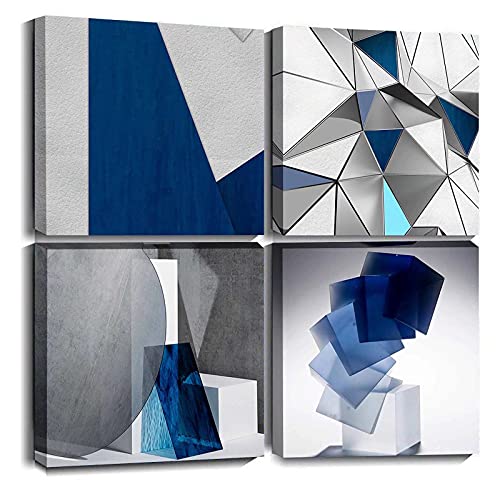 Oilpa Art Blue Abstract Wall Art Blue and White for Living Room Decor 12x12 Modern Gray Abstract 3D Geometric Canvas Print Picture Framed Artwork Bathroom Bedroom Home Decor 4 Pieces