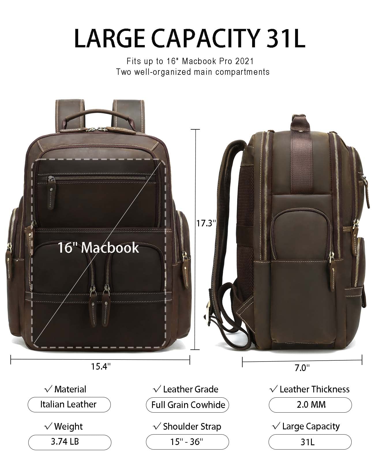 Taertii Vintage Genuine Leather Backpack for Men, 16'' Macbook Travel Hiking School Bag Daypack 30L - Brown