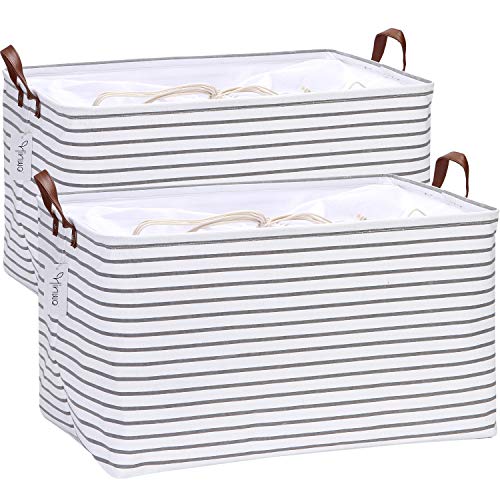 Hinwo 2-Pack Extra Large Canvas Fabric Storage Baskets with Handles, 70L Oversized Storage Bins, Collapsible Storage Box, Clothes, Toys, Blankets Organizers, 22 x 15 x 13 inches, (Grey Stripe)