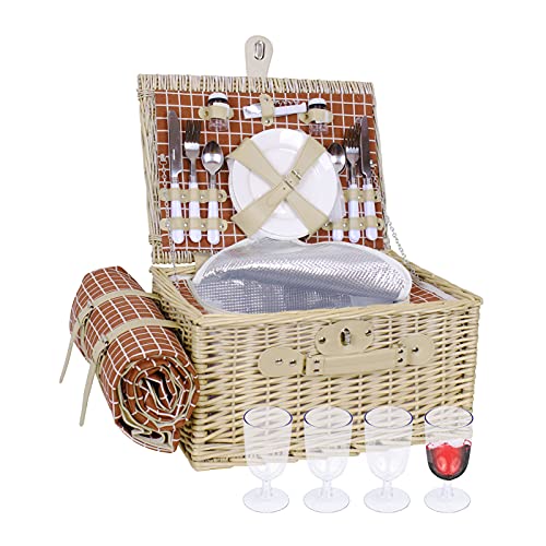 Willow Picnic Basket Set for 4 Person Wicker Hamper Sets with Picnic Blankets, Picnic Cutlery Service Kit, Insulated Cooler Compartment, Best Gifts for Couples, Family, Camping,Outdoor Party - Brown