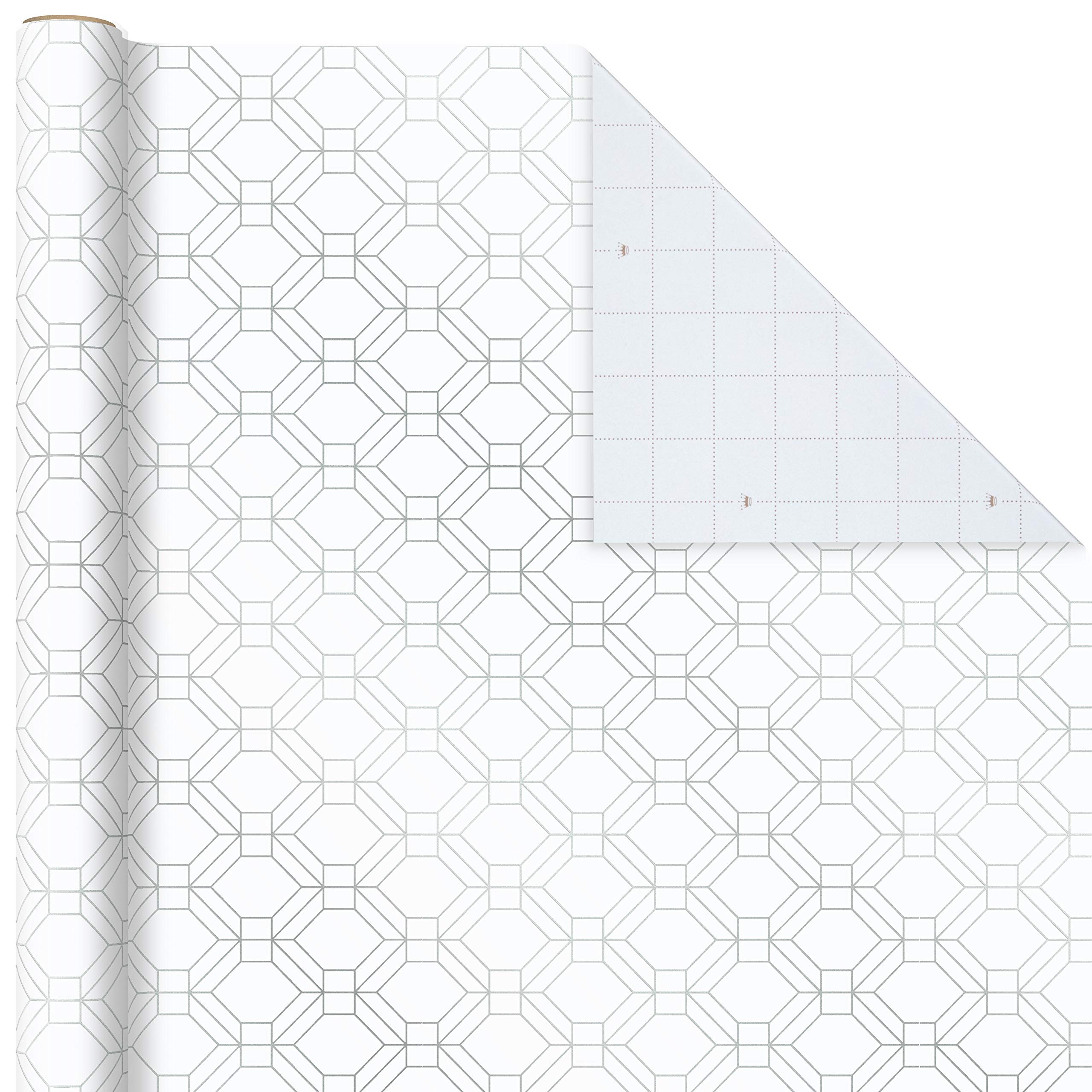 Hallmark Silver and White Wrapping Paper with Cutlines on Reverse (3 Rolls: 105 sq. ft. ttl) Stripes, Dots, Geometric for Weddings, Christmas, Hanukkah, Bridal Showers, Birthdays