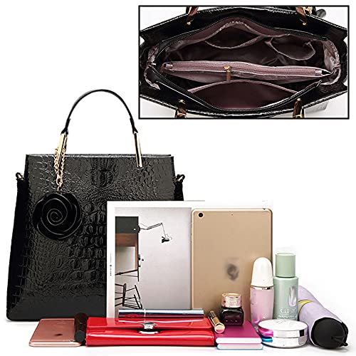 ZiMing Women Handbags Top Handle Tote Bags Satchel Handbag Glossy Patent Leather Shoulder Bag Premium Purses(Rose Pendant)-Coffee