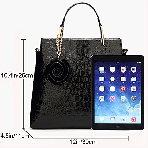 ZiMing Women Handbags Top Handle Tote Bags Satchel Handbag Glossy Patent Leather Shoulder Bag Premium Purses(Rose Pendant)-Coffee